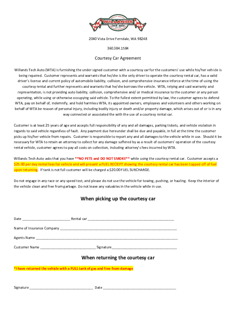 Fillable Online Courtesy Car Agreement - Ferndale Fax Email Print ...