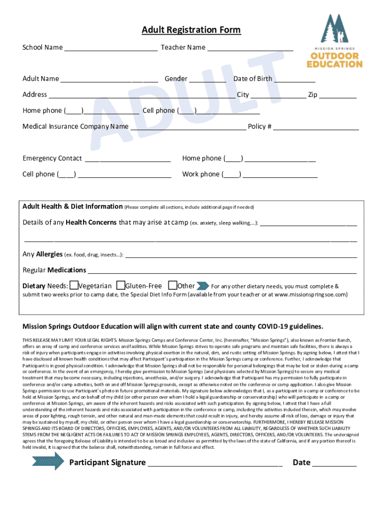 Fillable Online Fillable Adult Registration Form Fax Email Print ...