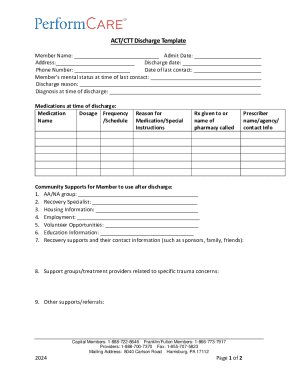 Fillable Online ACT/CTT Discharge Template - Providers - PerformCare ...