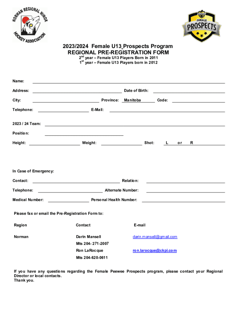 Fillable Online 202324 RegionalFemale U13 Prospects Pre-register Form.doc Fax Email Print ...