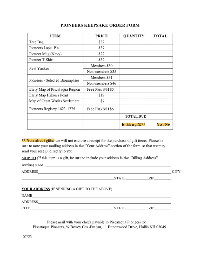 Fillable Online PIONEERS KEEPSAKE ORDER FORM Fax Email Print - pdfFiller
