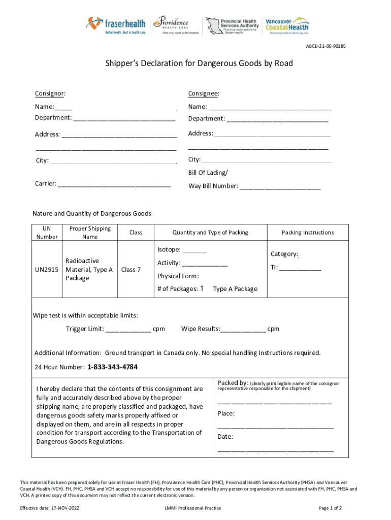 Fillable Online Shipper's Declaration for Dangerous Goods by Road Fax Email Print - pdfFiller