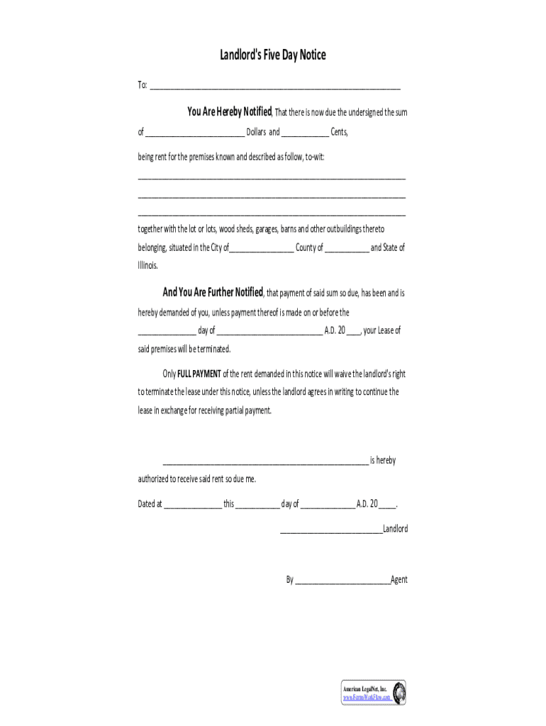 Fillable Online LANDLORD'S FIVE DAY NOTICE TO - Chicago Fax Email Print ...
