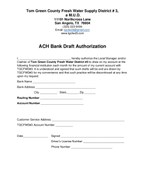 Fillable Online ACH Bank Draft Authorization - Tom Green County 3 MUD ...