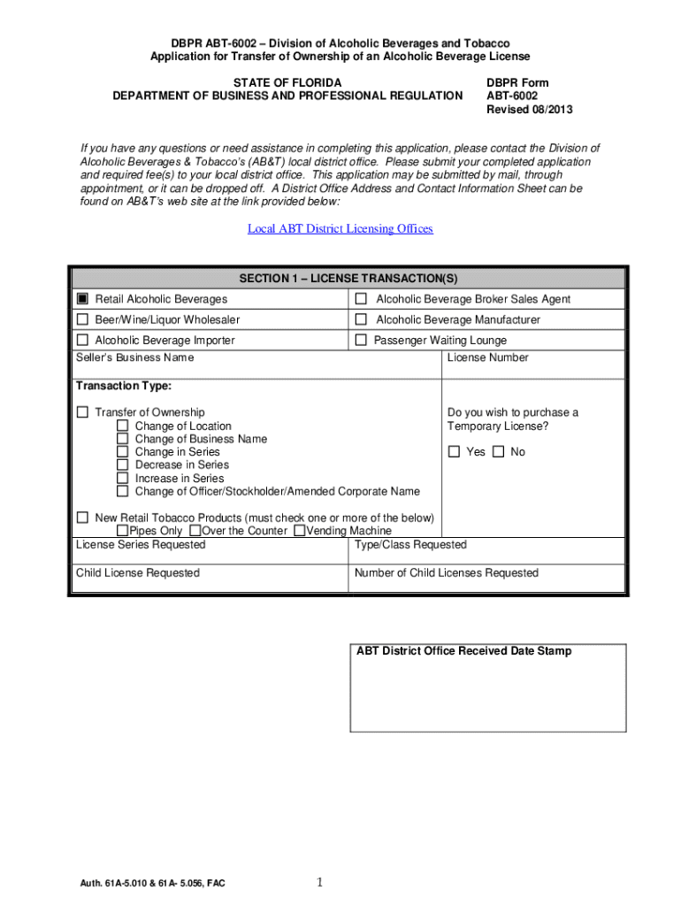 Fillable Online 2013-2024 Form FL DBPR ABT-6002 Fill Online, Printable ...