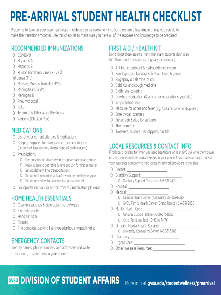 Fillable Online Wellness checklist helps new students start college on ...