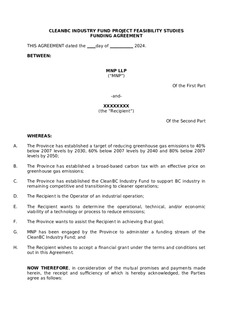 CleanBC Industry Fund Feasibility Studies Appendix A Funding Agreement ...