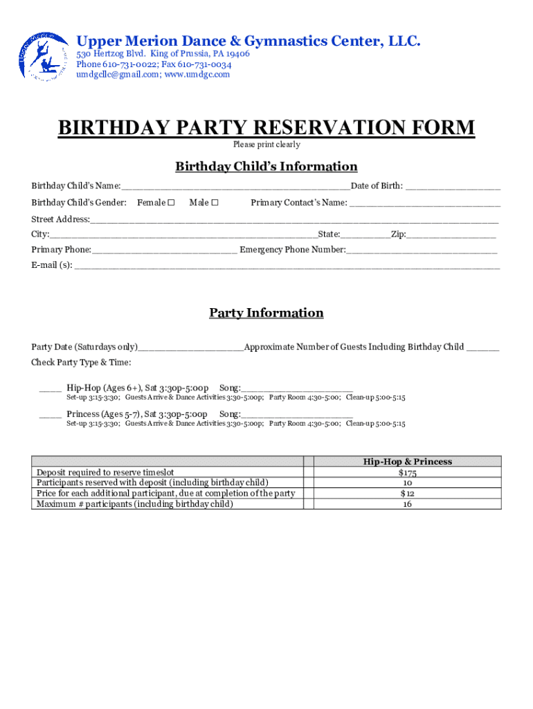 Fillable Online Birthday Party Reservation Form-Dance Fax Email Print ...