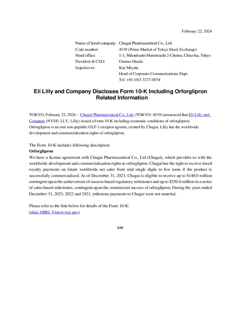 Fillable Online Eli Lilly and Company Discloses Form 10-K Including Orforglipron ... Fax Email ...