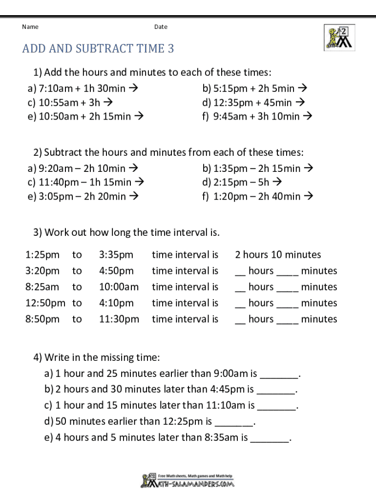 Fillable Online Adding and/or Subtracting Time Worksheets Fax Email ...