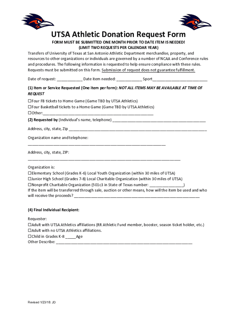 Fillable Online Fillable Online UTSA Athletic Donation Request Form Fax Email Print - pdfFiller