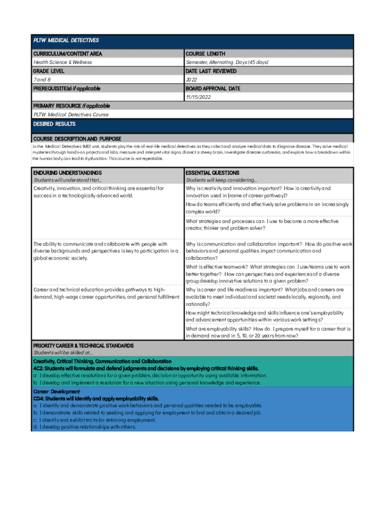 Fillable Online PLTW Medical Detectives Fax Email Print - pdfFiller