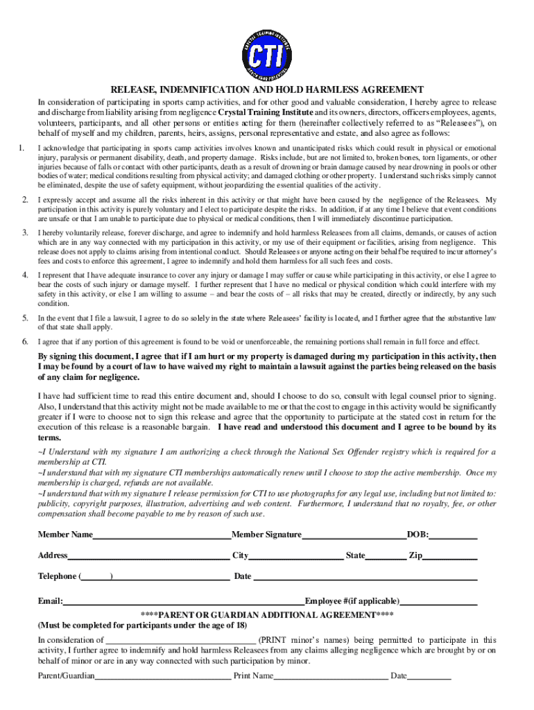Fillable Online Indemnification Hold Harmless Agreement Fax Email Print - pdfFiller