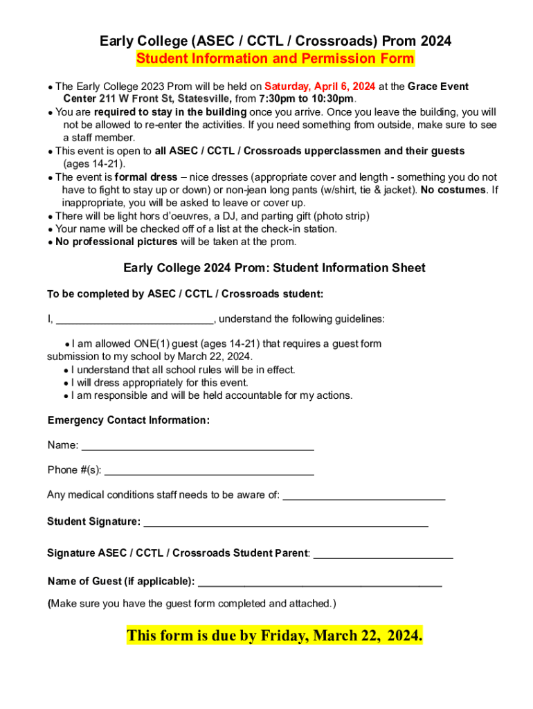 Fillable Online 2024 Early College Prom Student Form - Google Docs Fax ...