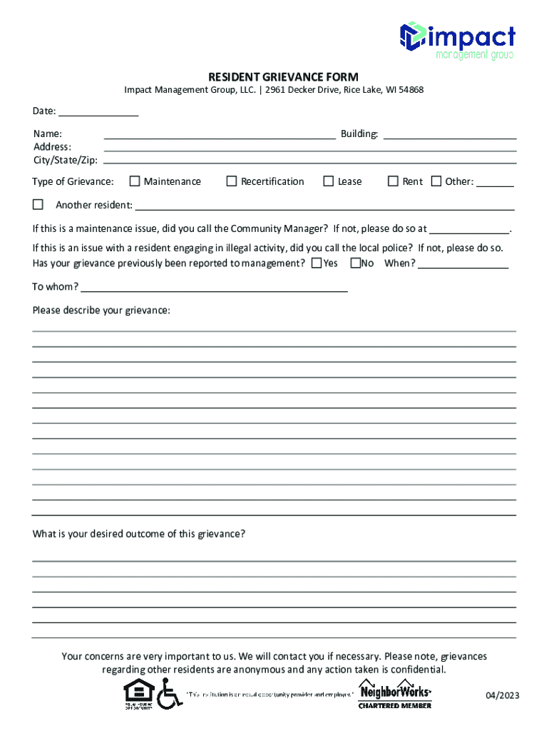 Fillable Online RESIDENT GRIEVANCE FORM Fax Email Print - pdfFiller