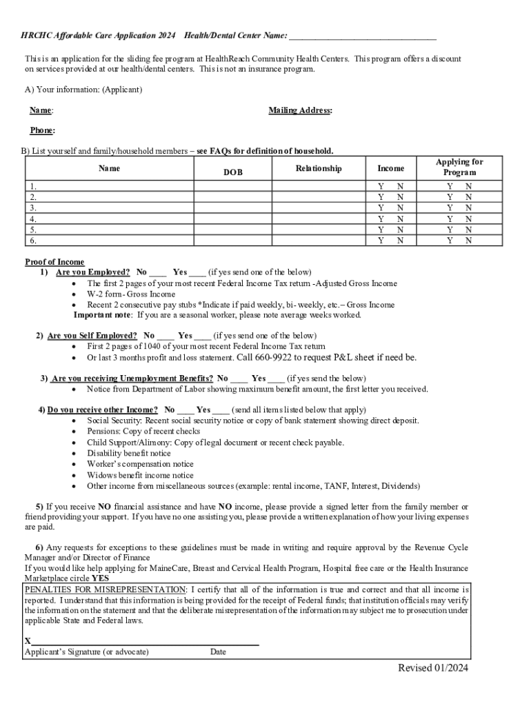 Fillable Online HRCHC Affordable Care Application 2024 Fax Email Print ...