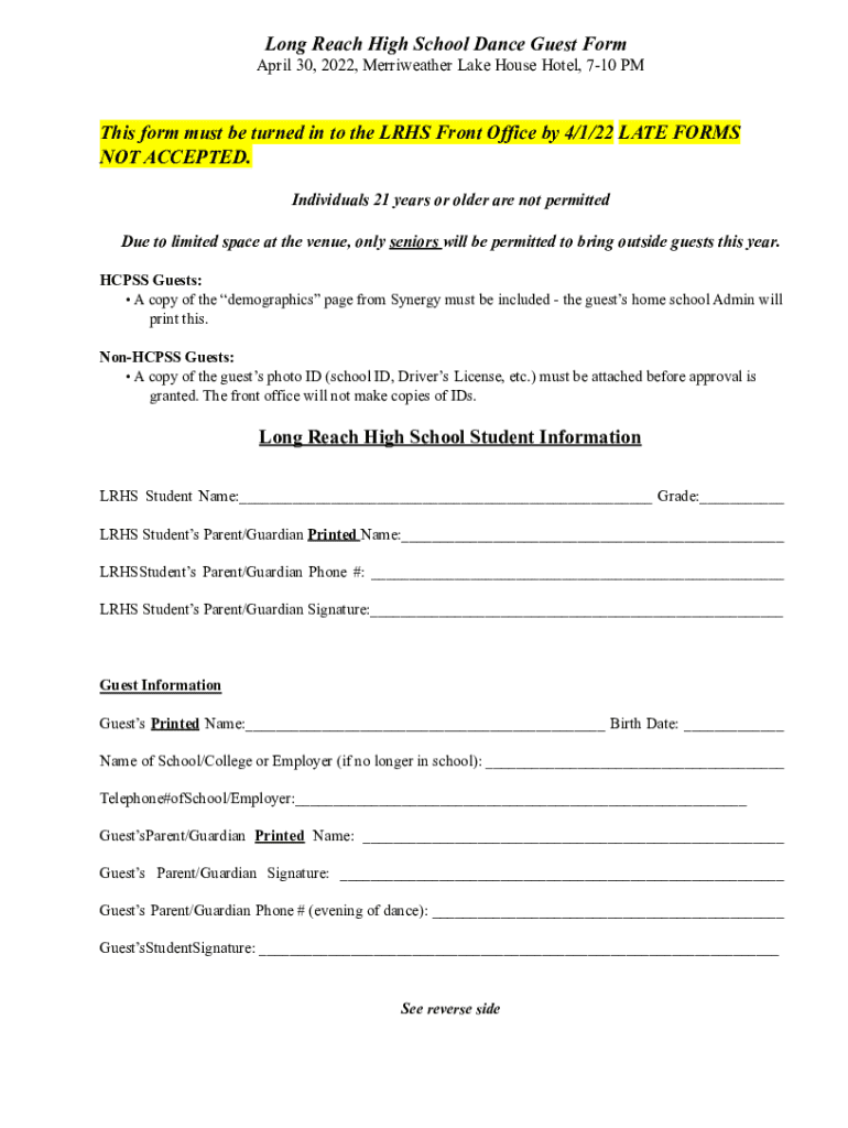 Fillable Online lrhs hcpss Prom Guest Forms due March 31Long Reach High ...