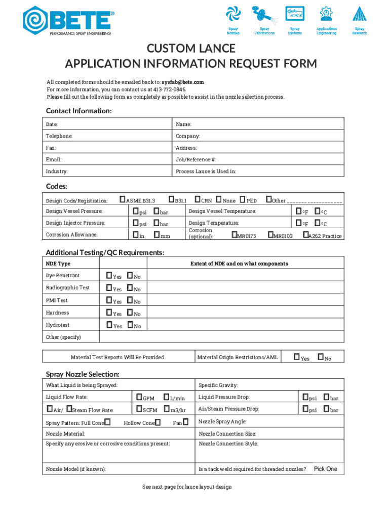 Fillable Online BETE Custom Spray Lance Intake Sheet Fax Email Print ...