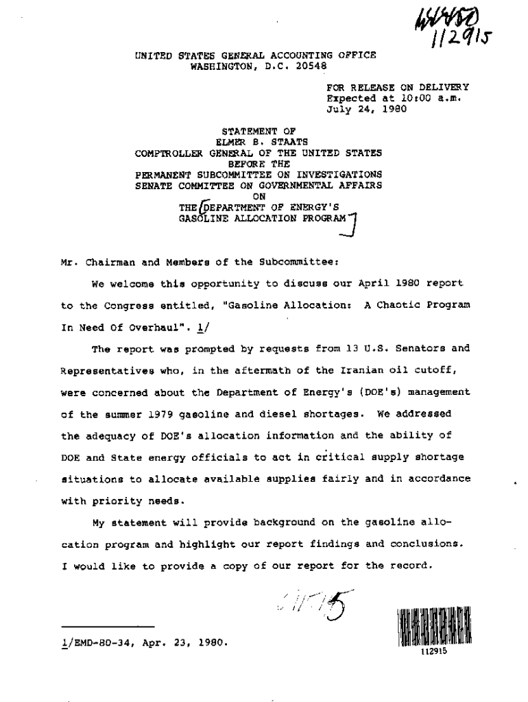 Fillable Online Statement of Elmer B. Staats, Comptroller General of ...