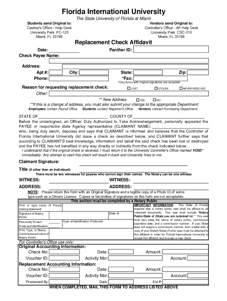 Fillable Online FIU Affidavit Replacement Check Form Fax Email Print - pdfFiller