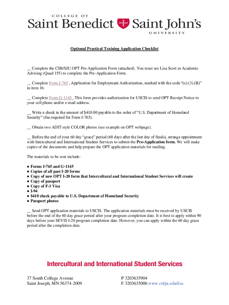 Fillable Online Complete the CSB/SJU OPT PreApplication Form ( ... Fax ...