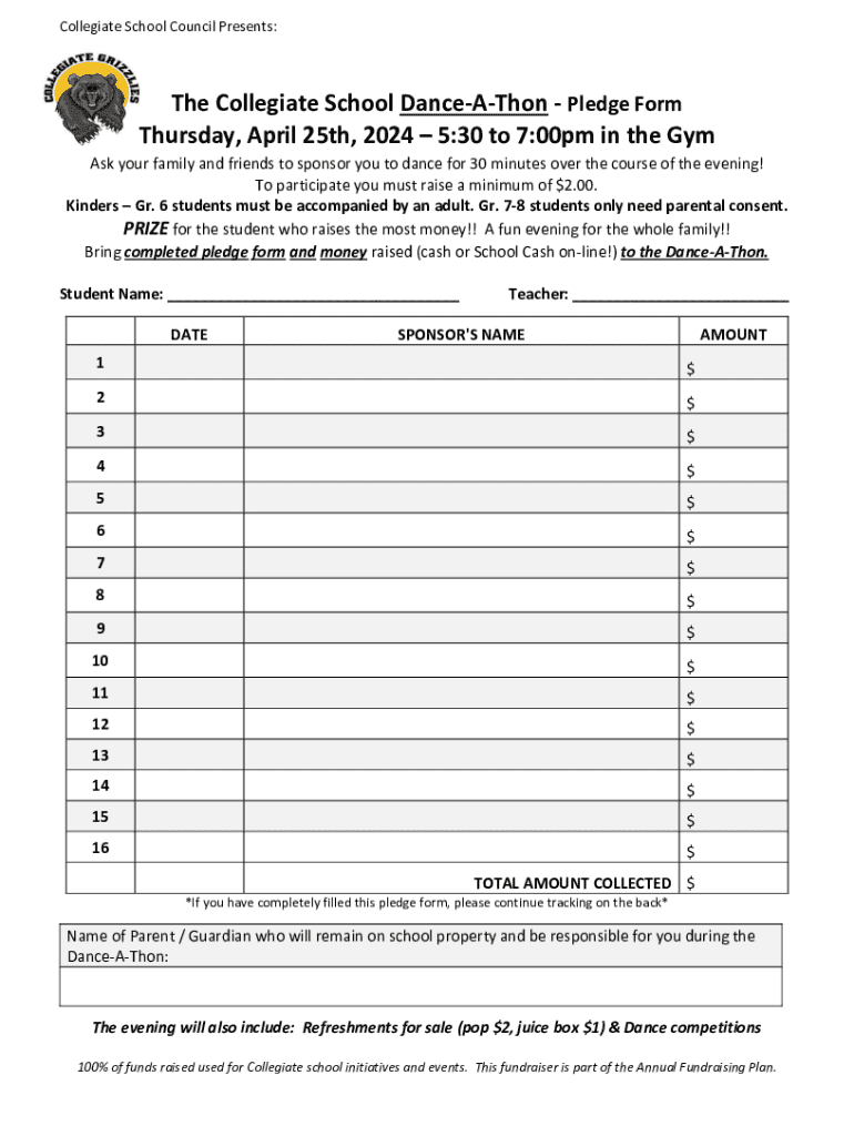 Fillable Online The Collegiate School Dance-A-Thon - Pledge Form ...