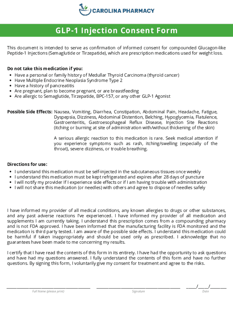 Fillable Online GLP-1 Injection Consent Form Fax Email Print - pdfFiller
