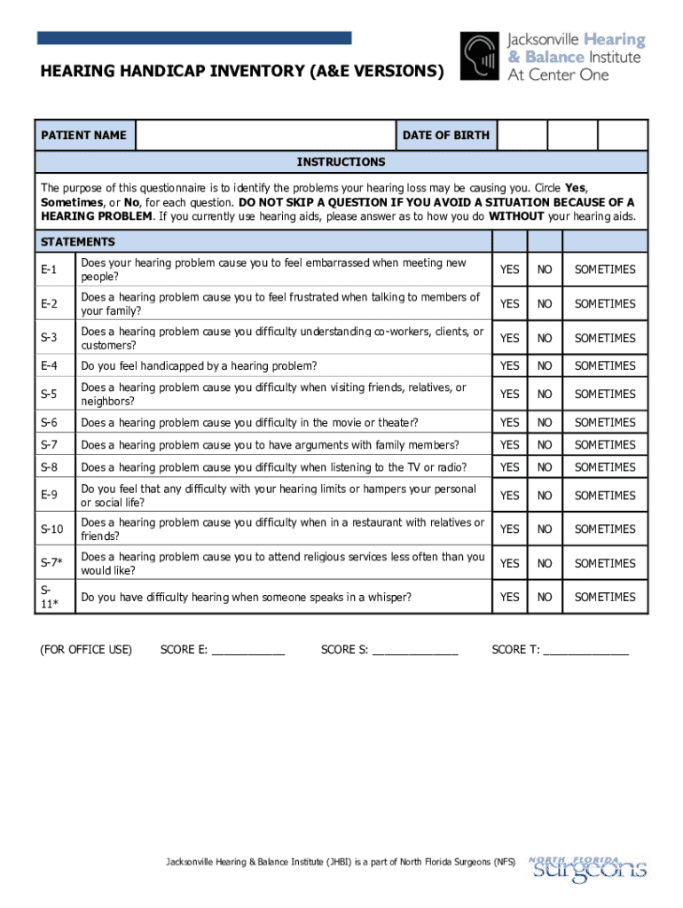 Fillable Online Hearing Handicap InventoryScreening Version (HHIE-S) Fax Email Print - pdfFiller