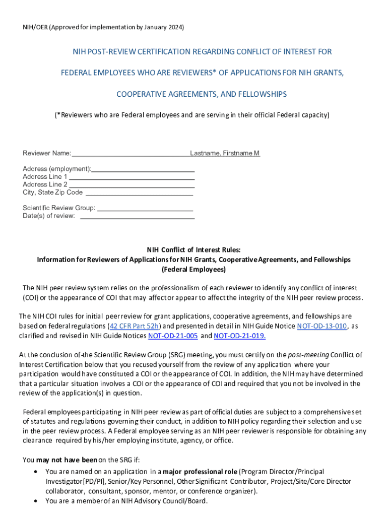 Fillable Online grants nih NIH Conflict of Interest Rules: Information for Reviewers of ... Fax ...
