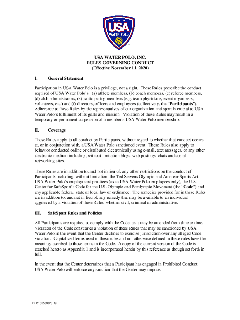 Fillable Online USA Water Polo, Inc. Rules Governing Conduct ( ... Fax ...