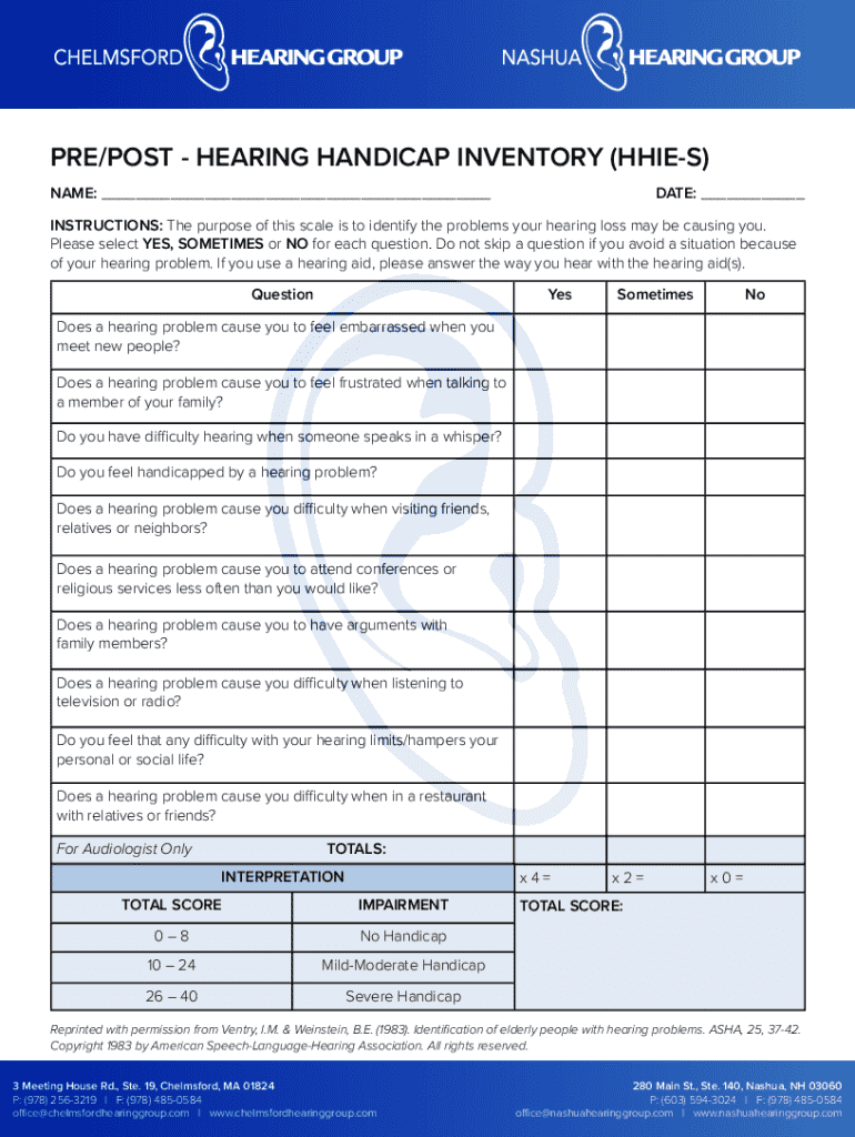 Fillable Online PRE/POST - HEARING HANDICAP INVENTORY (HHIE-S) Fax ...