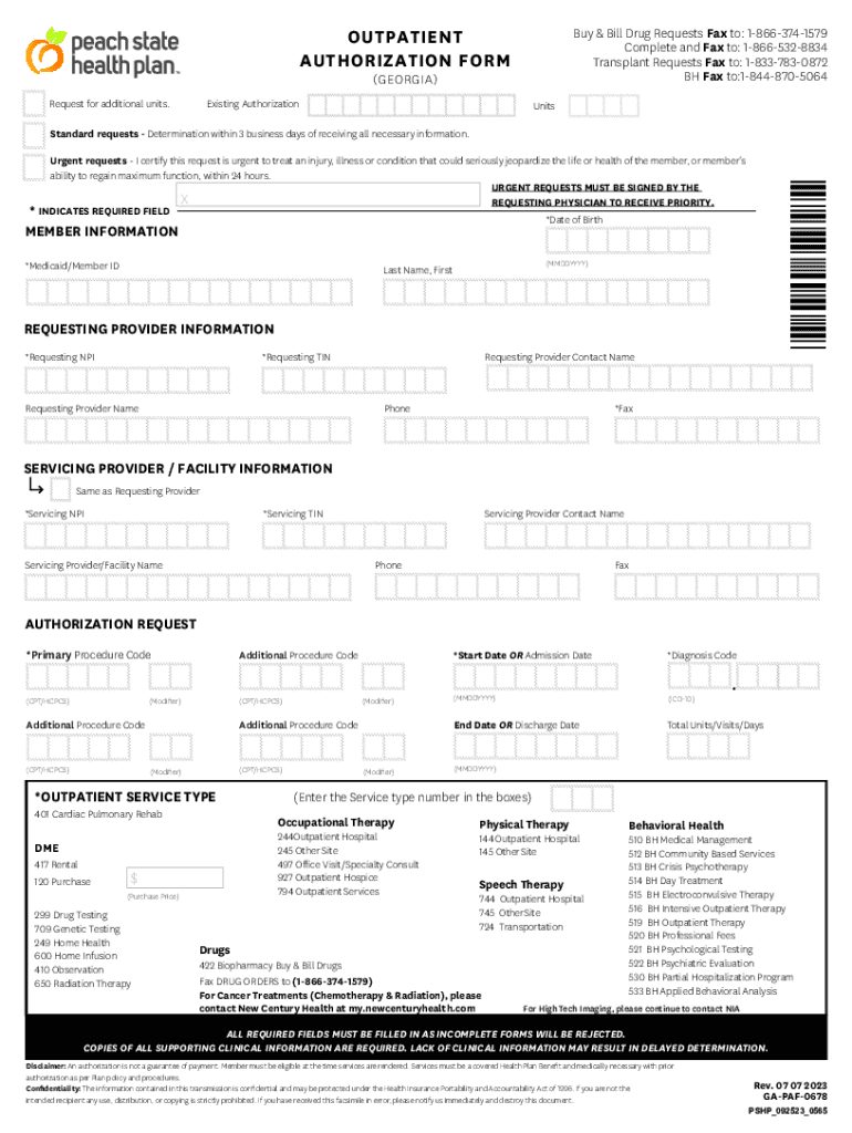 Fillable Online PSHP GA-PAF-0678 - Outpatient Authorization Form ...