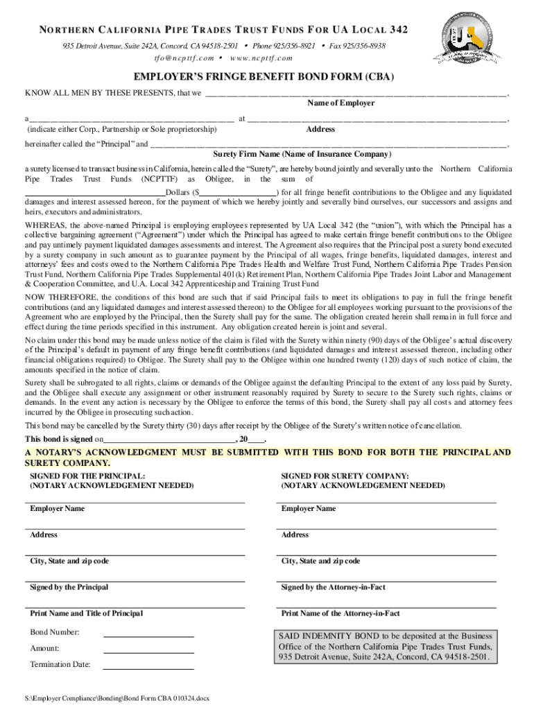Fillable Online EMPLOYER'S FRINGE BENEFIT BOND FORM (CBA) Fax Email ...