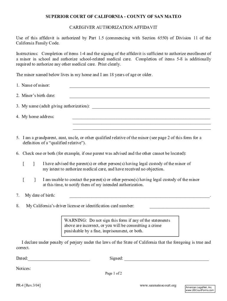 Fillable Online Cargiver Authorization Affidavit PR-4Pdf Fpdf Doc Docx ...