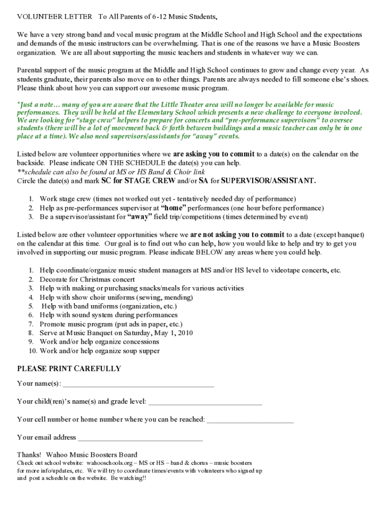 Fillable Online VOLUNTEER LETTER To All Parents of 6-12 Music Students ...