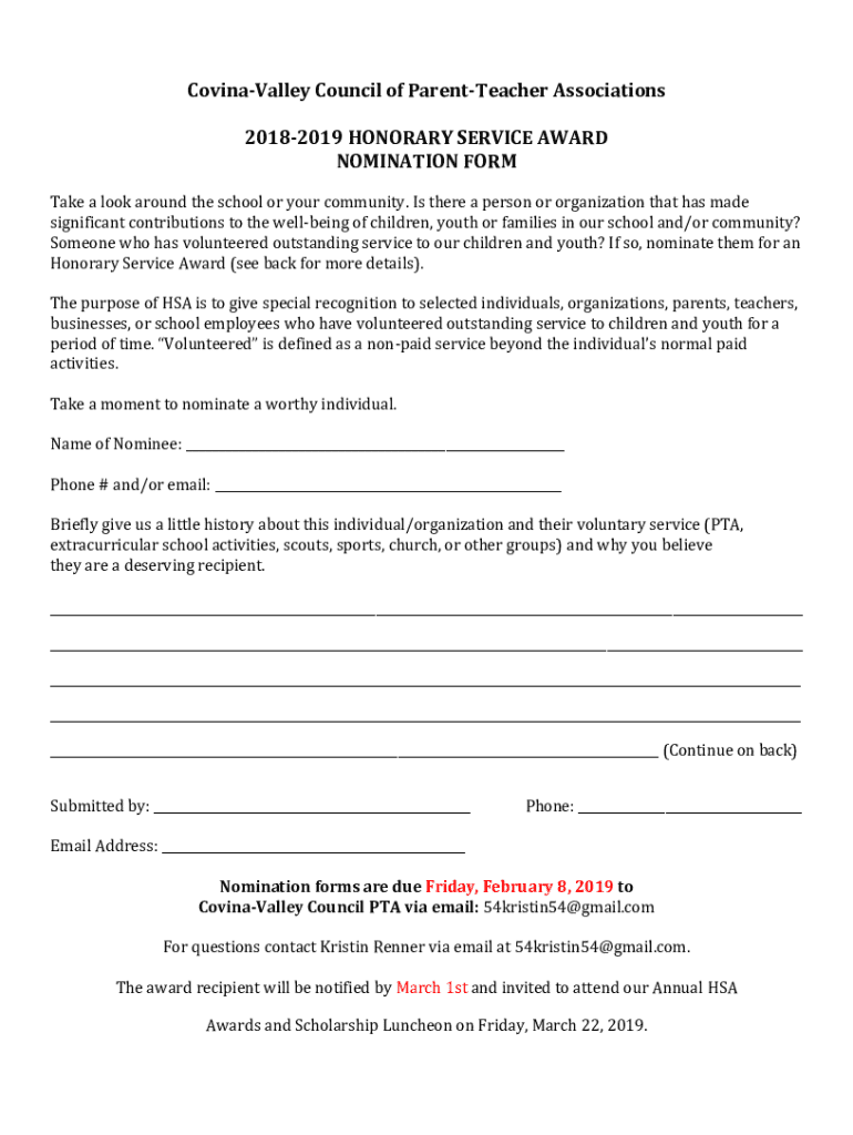 Fillable Online 2019-2020 honorary service award nomination form Fax Email Print - pdfFiller