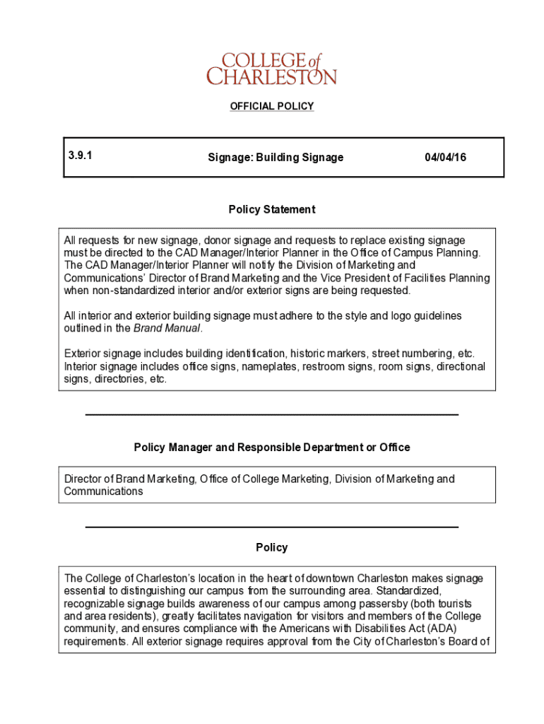Fillable Online Building Signage 04/04/16 Policy Statement All requests ...