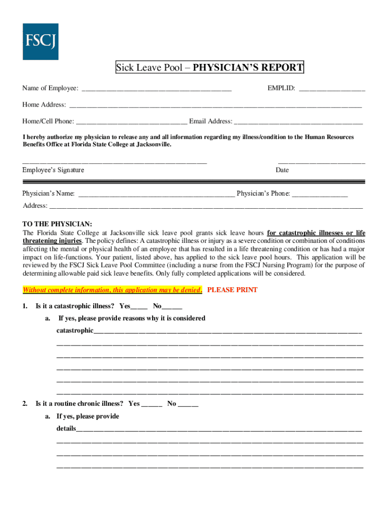 Fillable Online Sick Leave Pool Attending Physician's Statement Fax ...