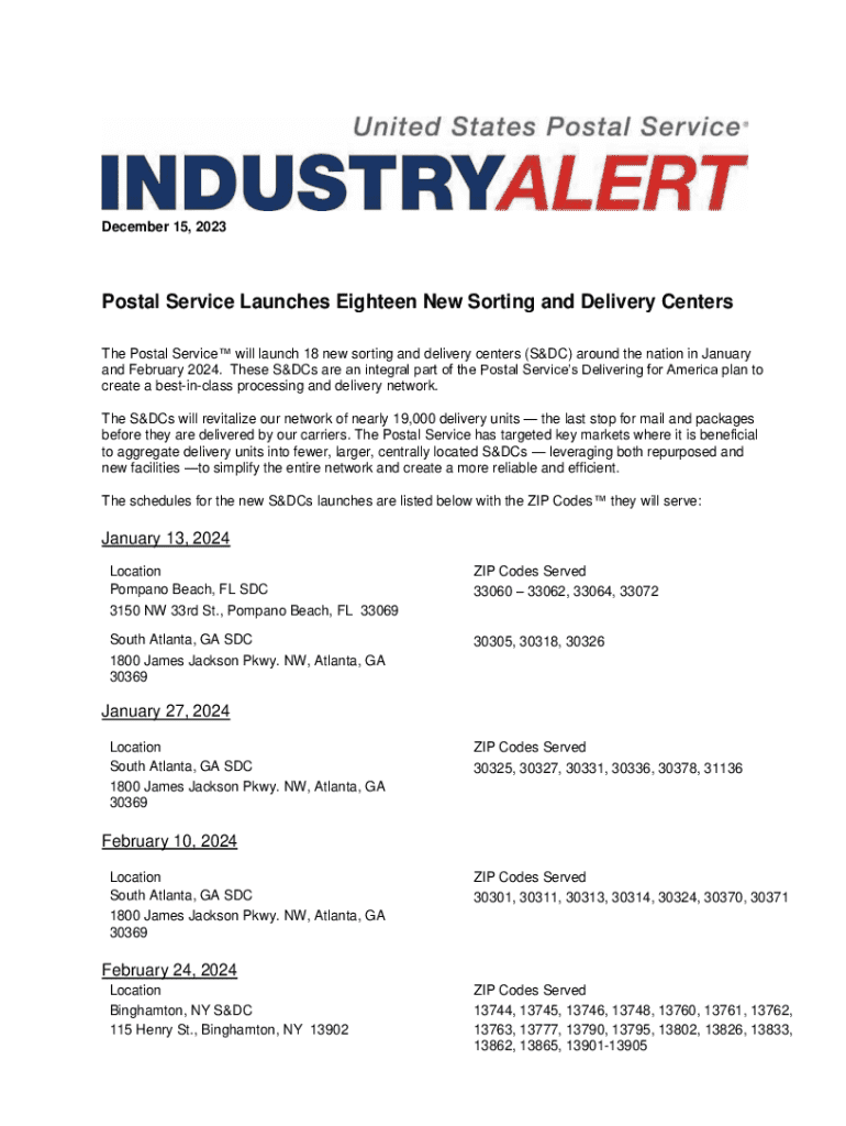 Fillable Online Postal Service Launches Eighteen New Sorting and Delivery ... Fax Email Print ...