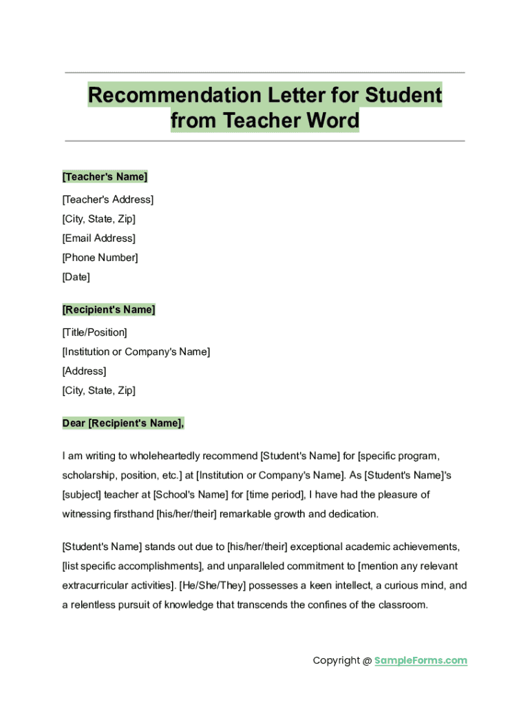 Fillable Online Recommendation Letter for Student from Teacher Word Fax ...