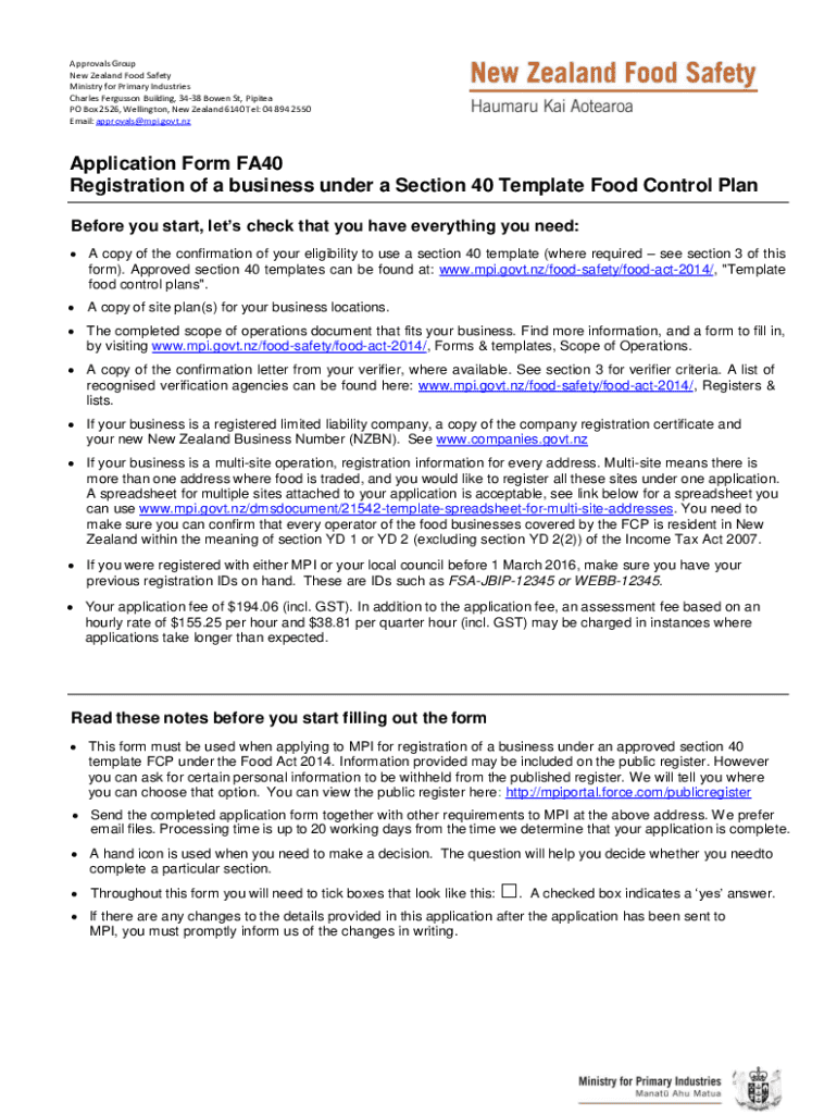 Fillable Online Application form FA40: Registration of a business under ...
