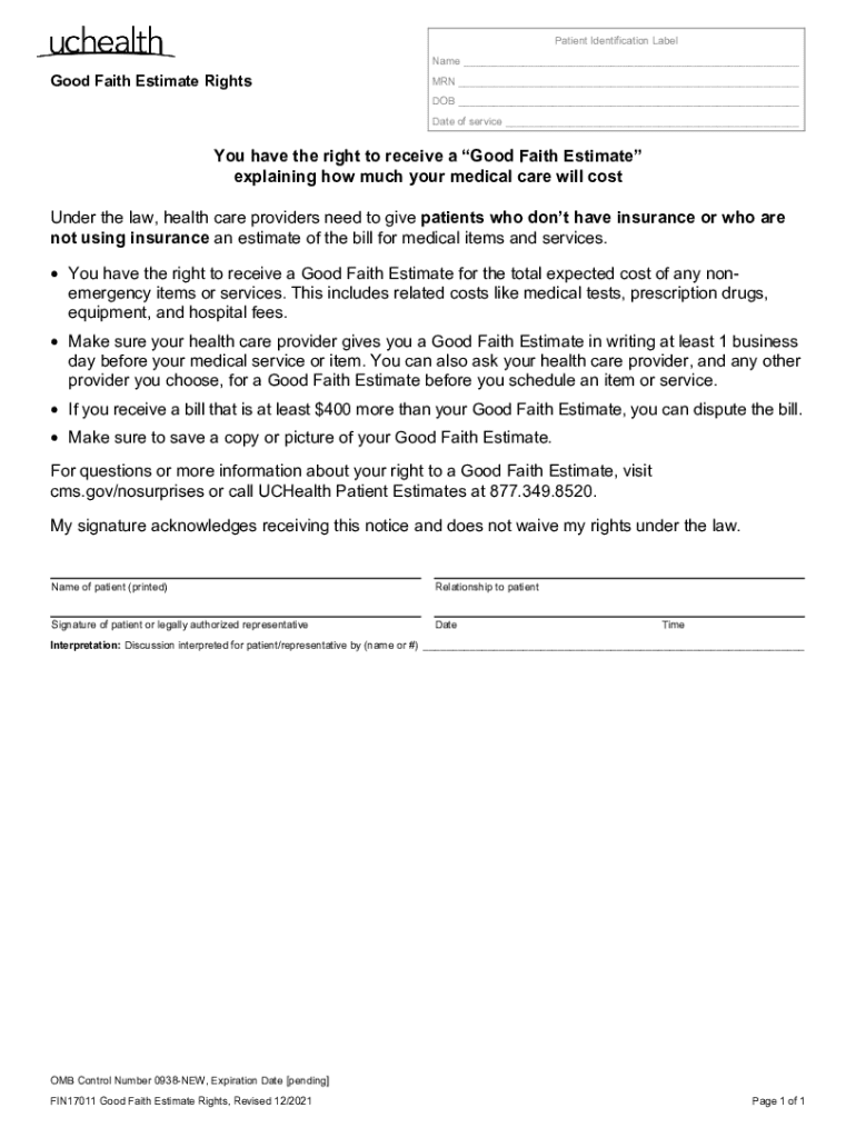 Fillable Online You have the right to receive a Good Faith Estimate ...