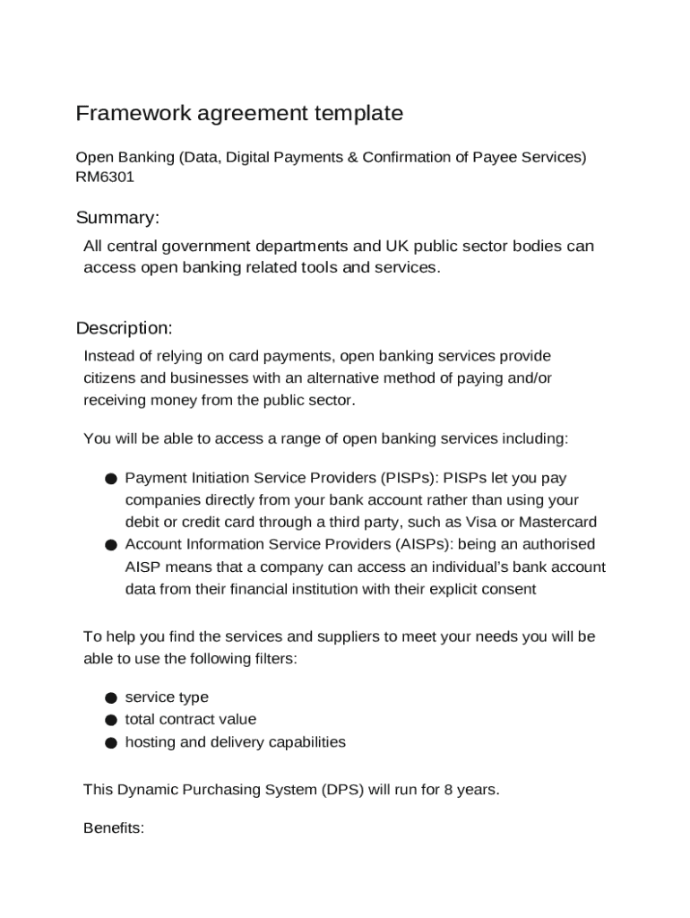 RM6301 Open Banking framework agreement template Doc Template | pdfFiller