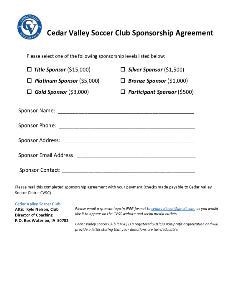 Fillable Online Cedar Valley Soccer Club Sponsorship Agreement Ngin Fax ...