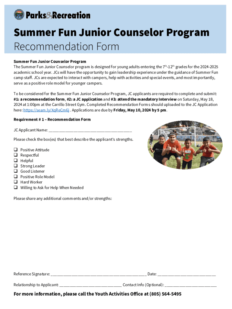 Completable En línea Summer Fun Junior Counselor Program Recommendation ... Fax Email Imprimir ...