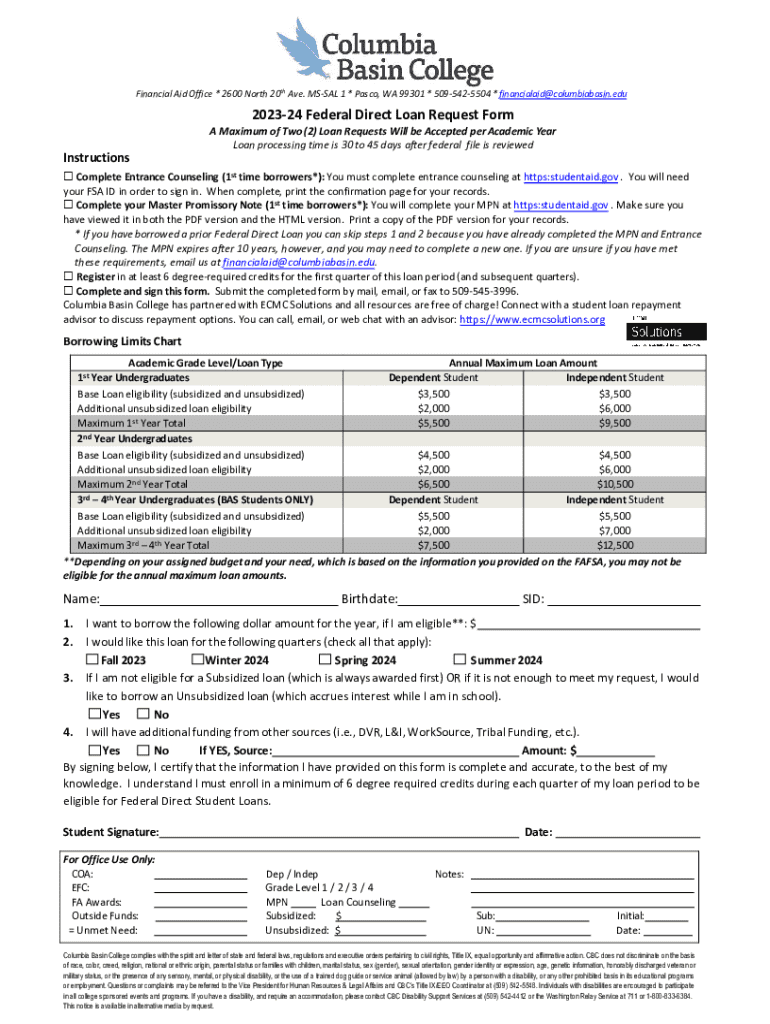 Fillable Online 2023-2024 Federal Direct Loan Request Form, Columbia Basin College Fax Email ...
