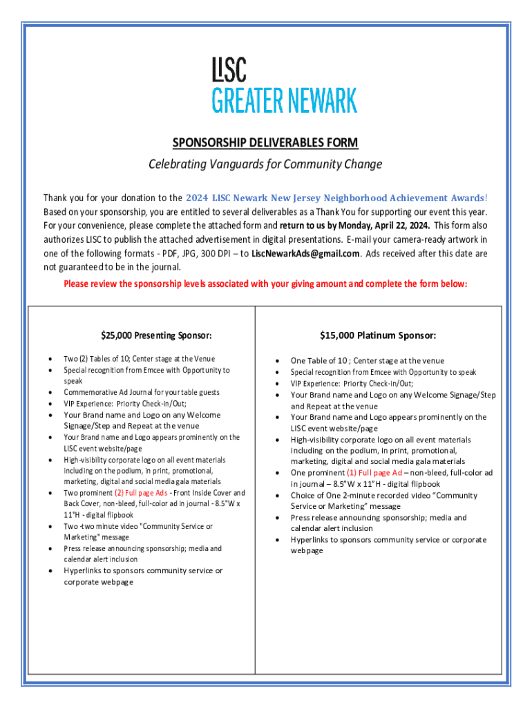 Fillable Online SPONSORSHIP DELIVERABLES FORM Celebrating ... Fax Email ...
