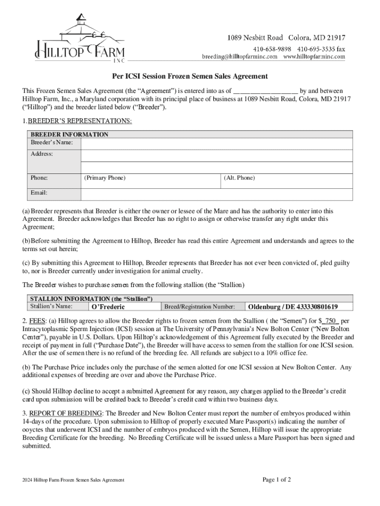 Fillable Online Per Straw (ICSI ONLY) Frozen Semen Sales Agreement Fax ...
