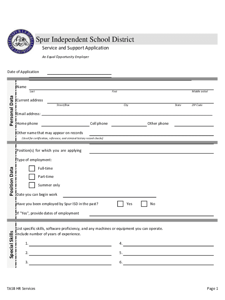 Fillable Online Spur Independent School District: Home Fax Email Print ...