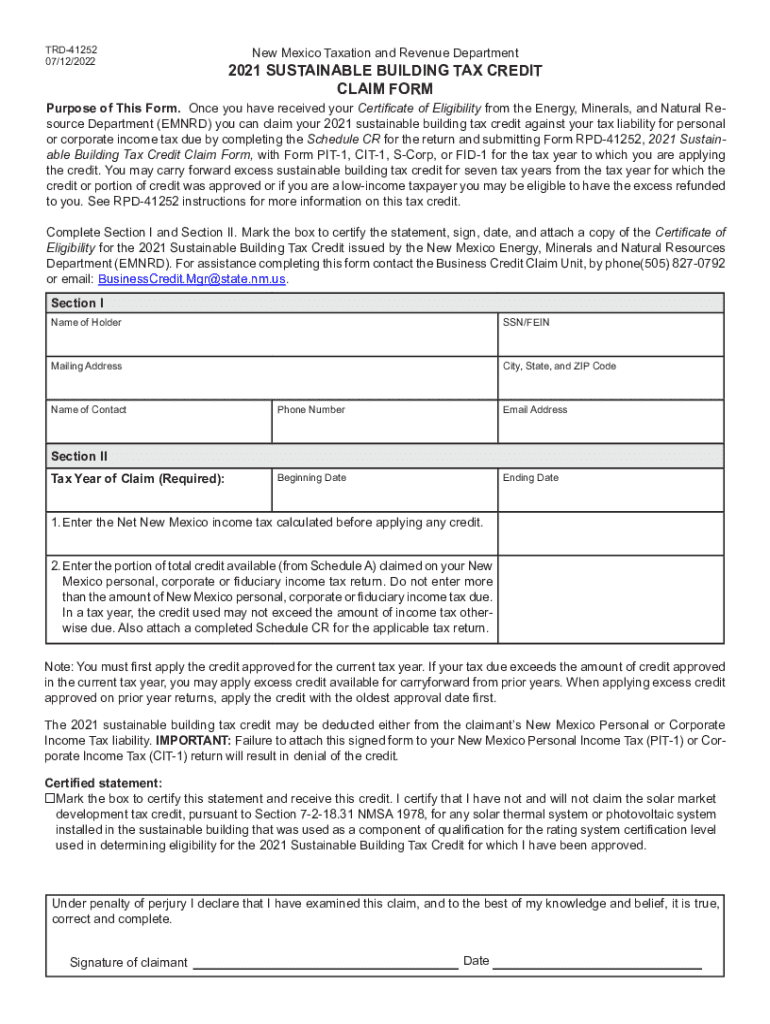 Fillable Online 2021 SUSTAINABLE BUILDING TAX CREDIT CLAIM FORM Fax ...